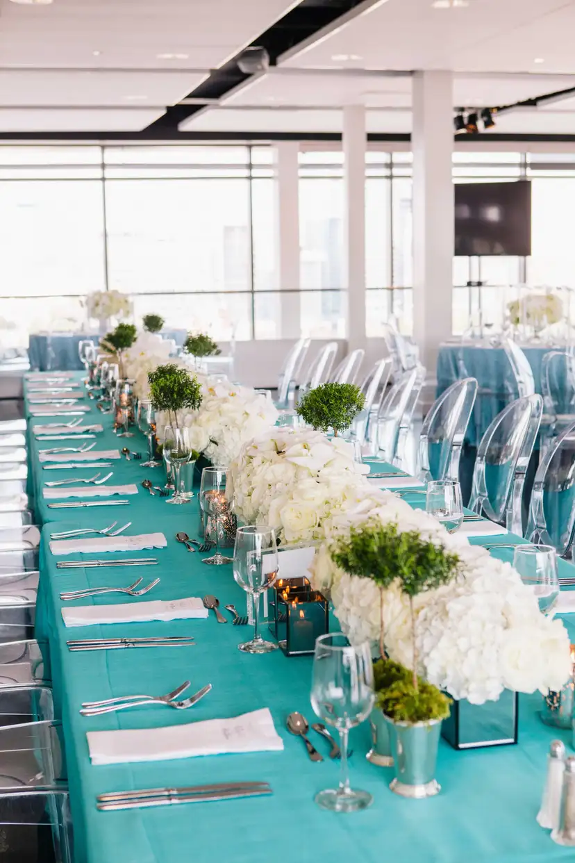 Long Table with Tiffany Blue Linens and White Centerpieces
